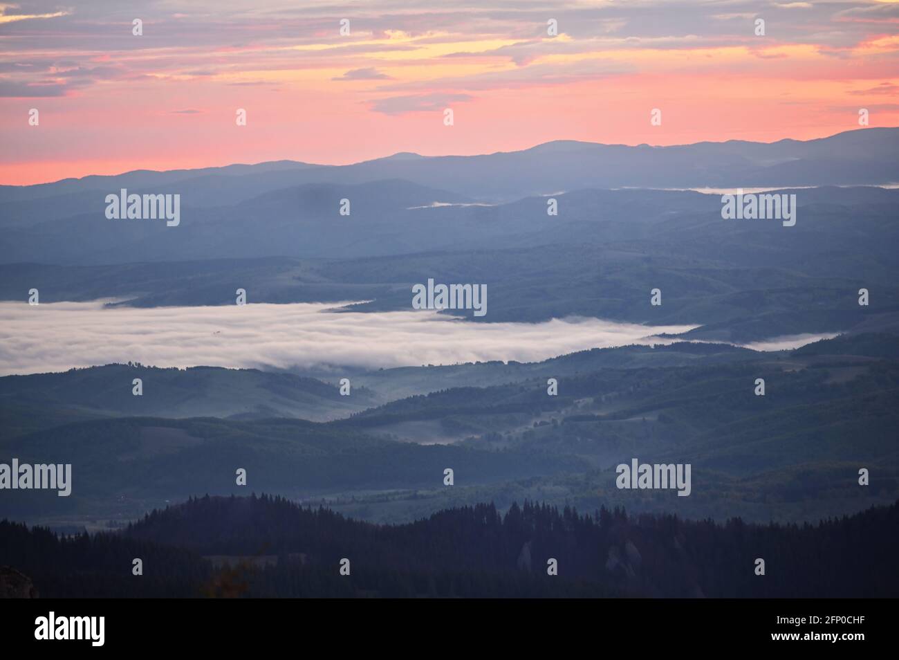 Spring Landscape With Fogy Mountains, Ciucas, Transylvania, Romania ...