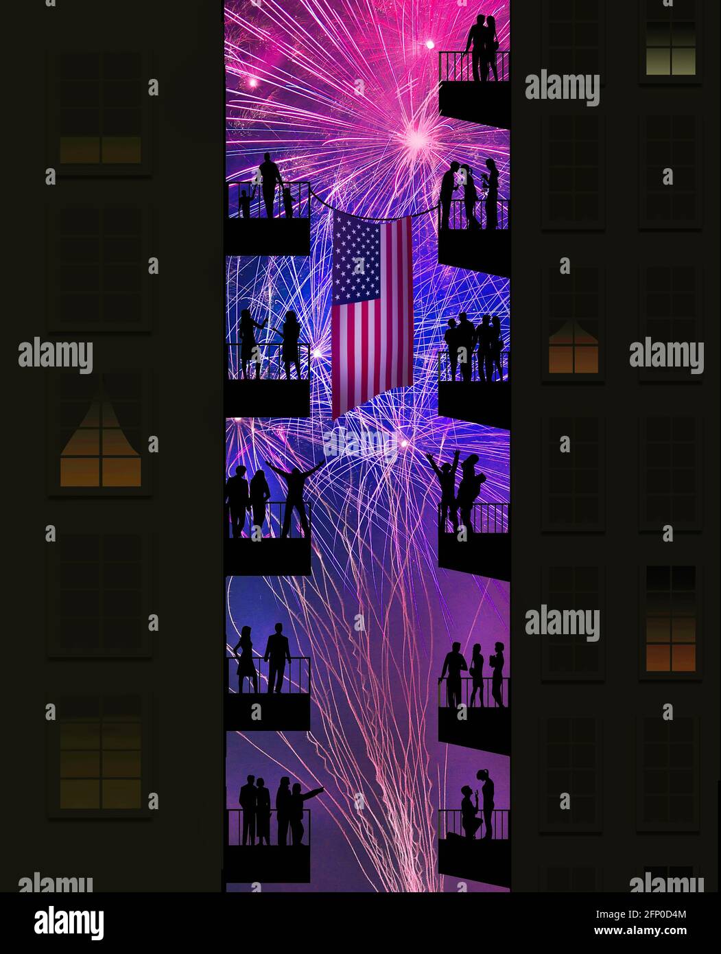 People on their balconies on two high rise apartment buildings watch ...