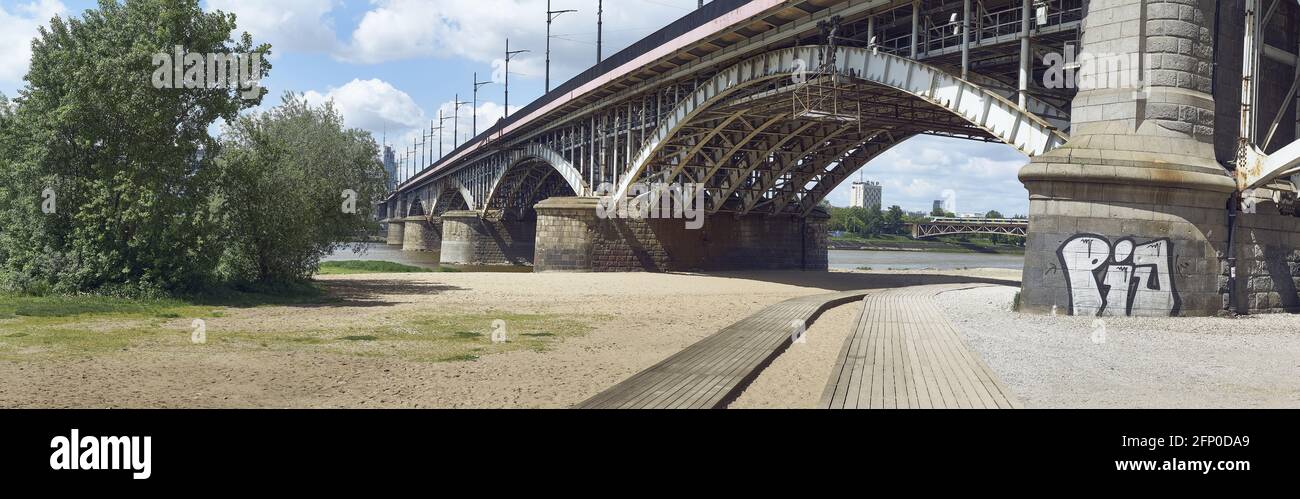 Beach under the Poniatowski Bridge in Warsaw (Poniatowka). Panorama of ...