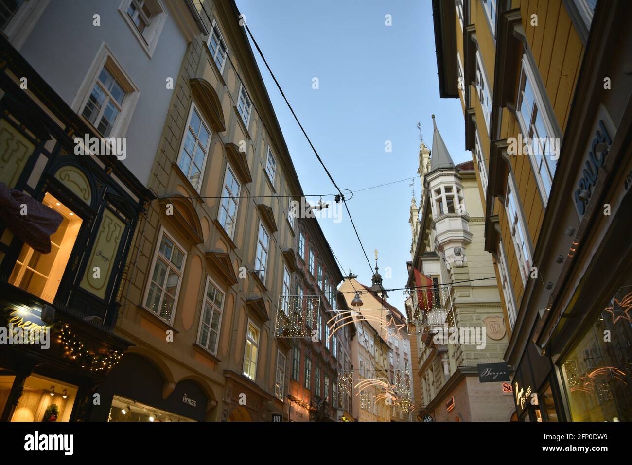 Scenic cityscape with Baroque style buildings and Christmas decorations ...