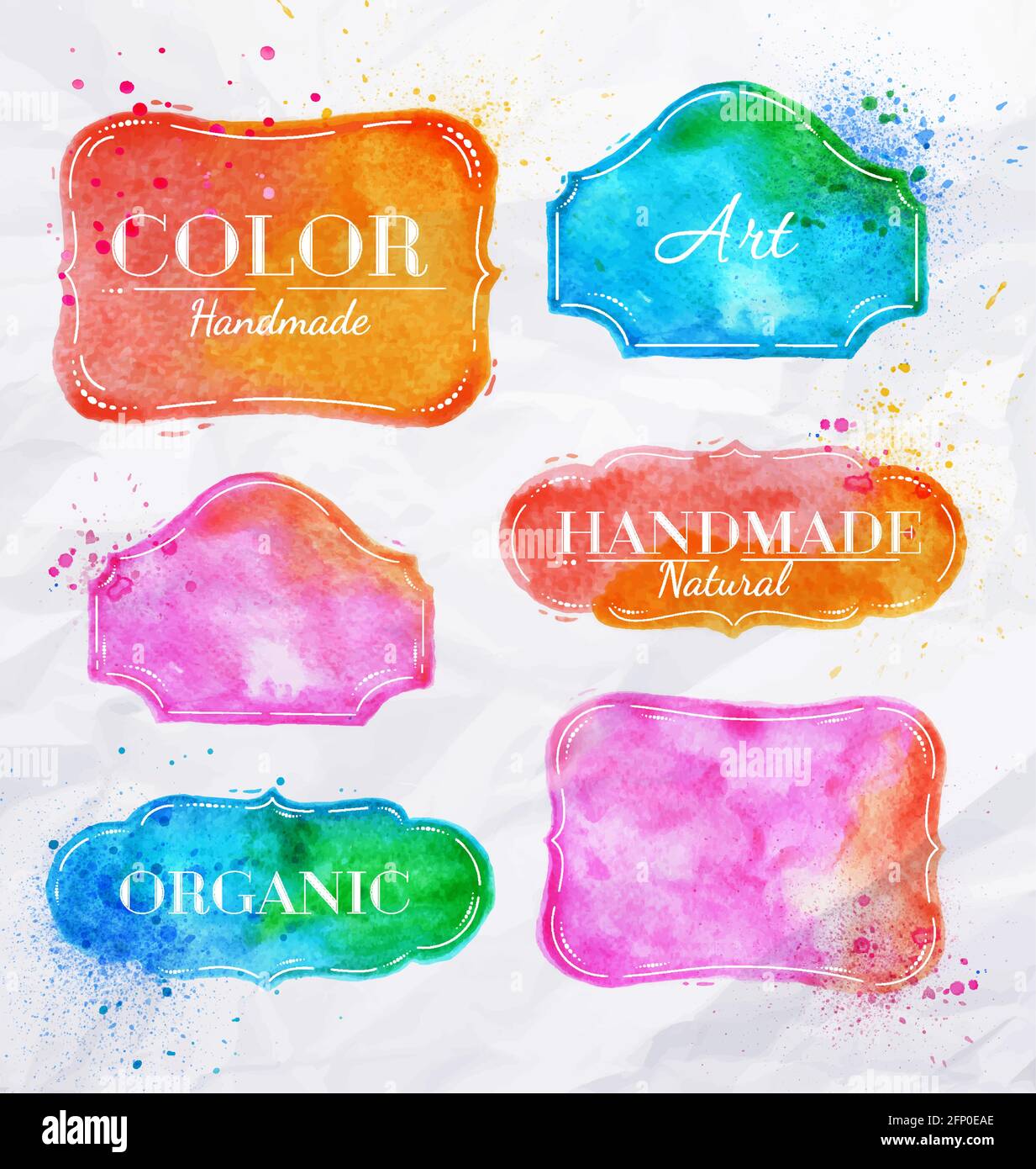 Set watercolor labels design elements, vintage frame handmade aquarelle ...