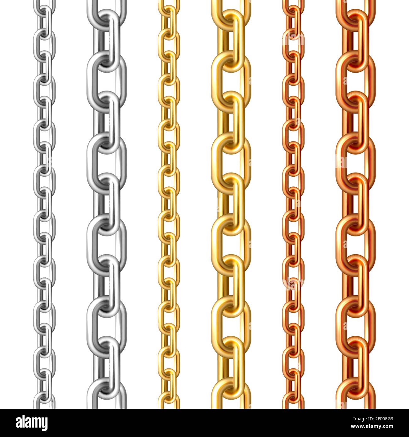 Realistic seamless golden, silver and bronze chains isolated on white ...