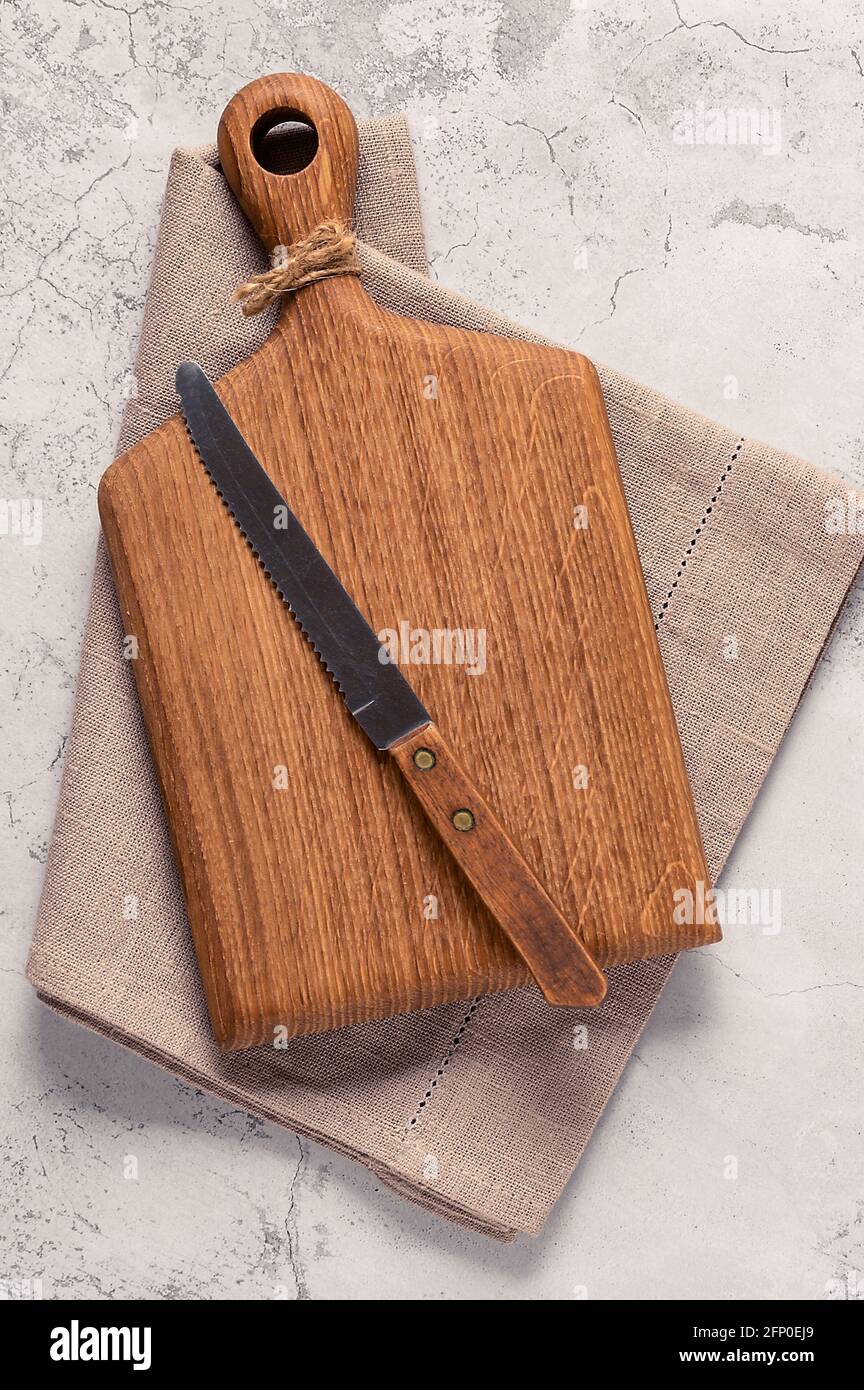 cutting board on a concrete table, top view Stock Photo - Alamy
