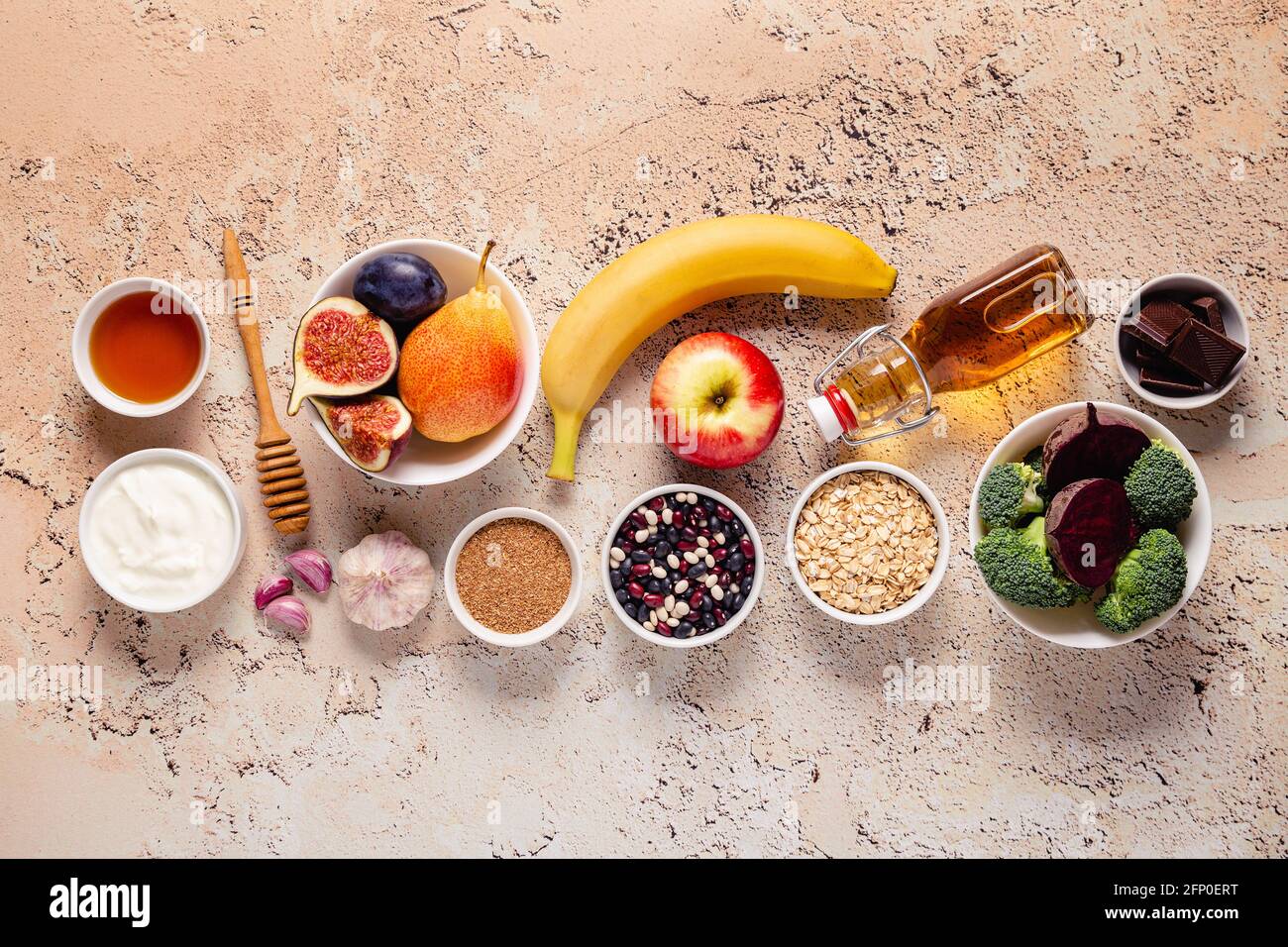 Products for healthy bowel. Natural food for gut. Top view Stock Photo ...