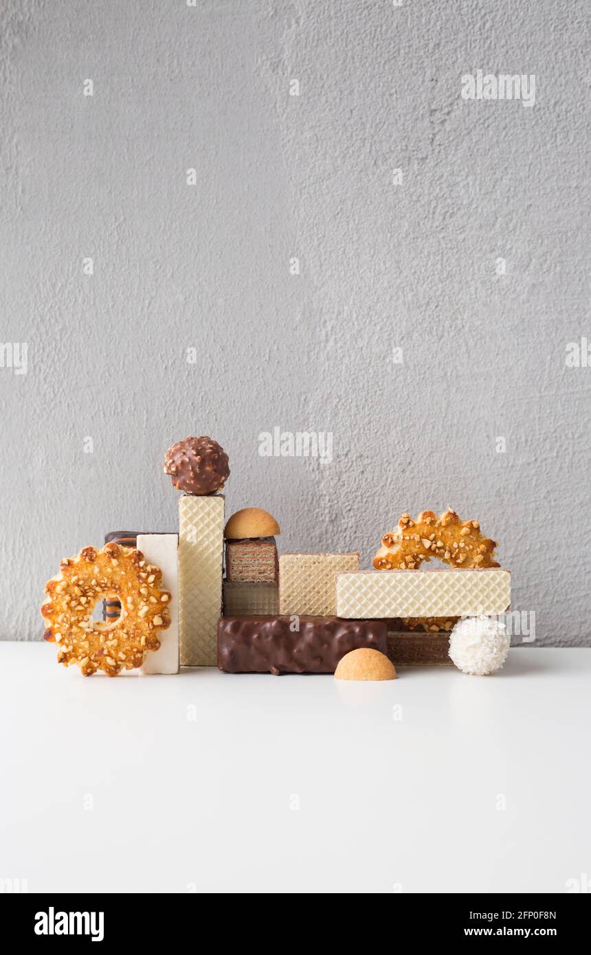 Art composition made of many kinds of sweet food, balance concept Stock ...