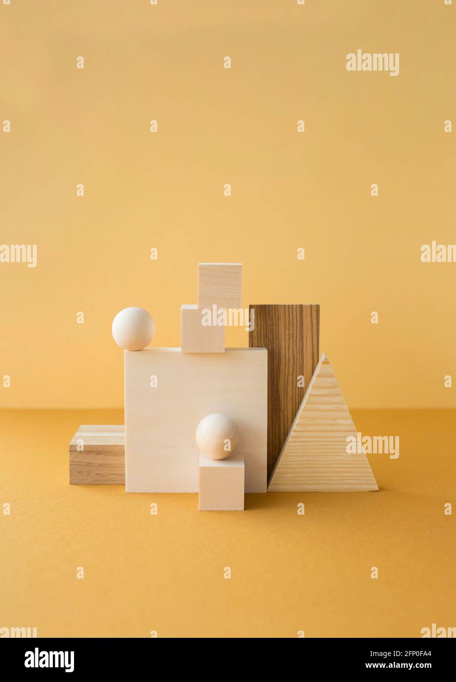 Abstract geometrical composition with many wooden objects. Art and ...