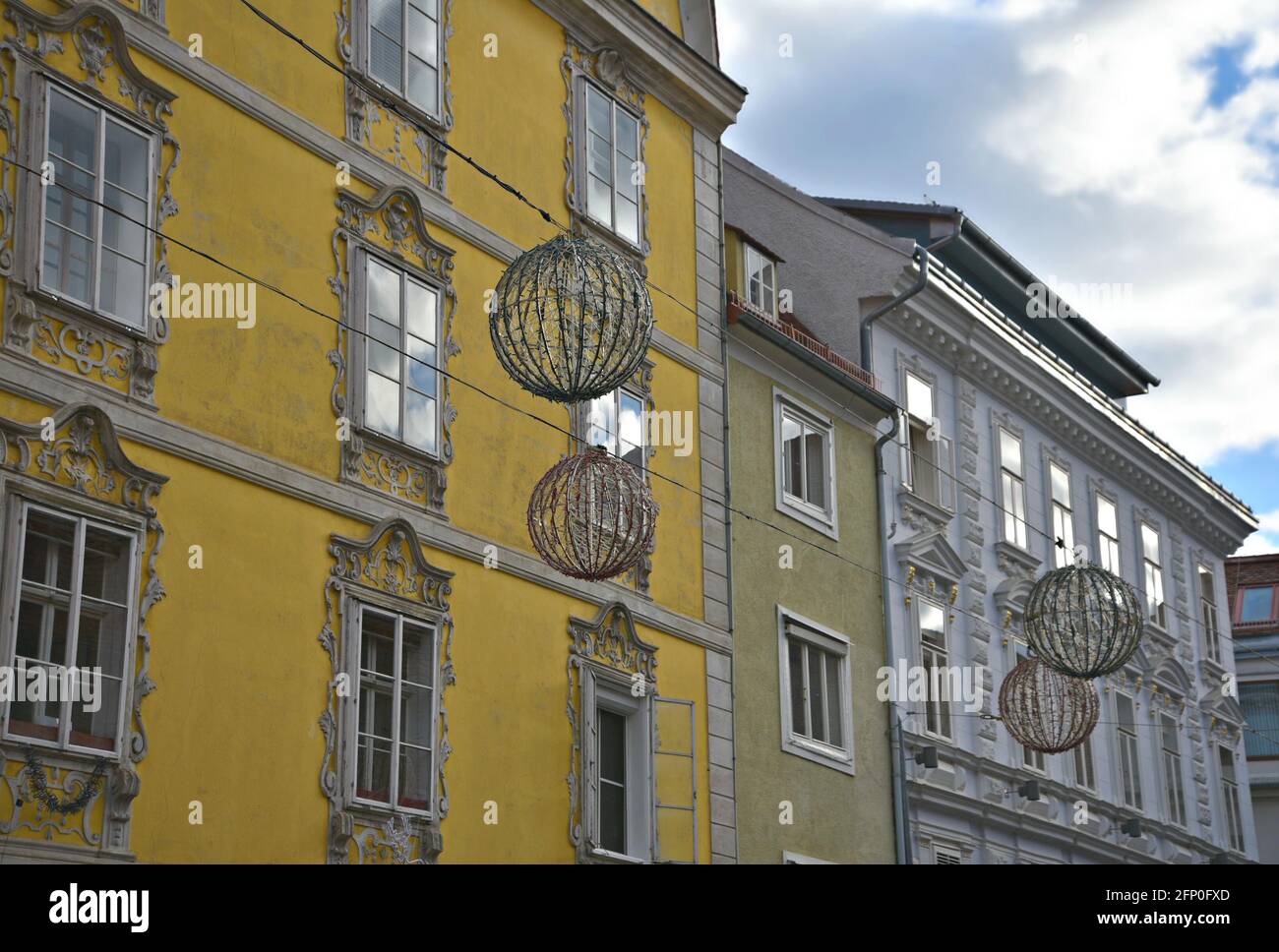 Baroque style buildings with festive Christmas decorations in Graz, the ...