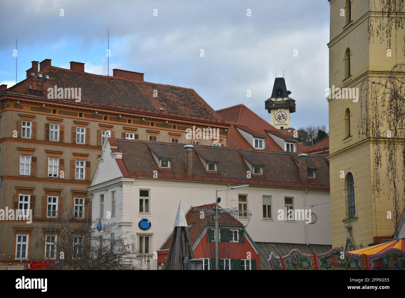 Panoramic view of Baroque style buildings and Uhrturm the medieval ...