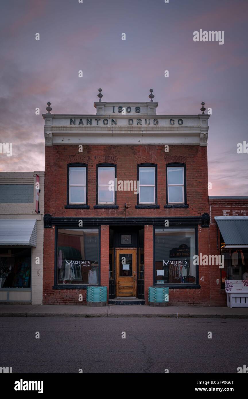 Nanton, Alberta - May 7, 2021: Facade of historical buildings in the ...