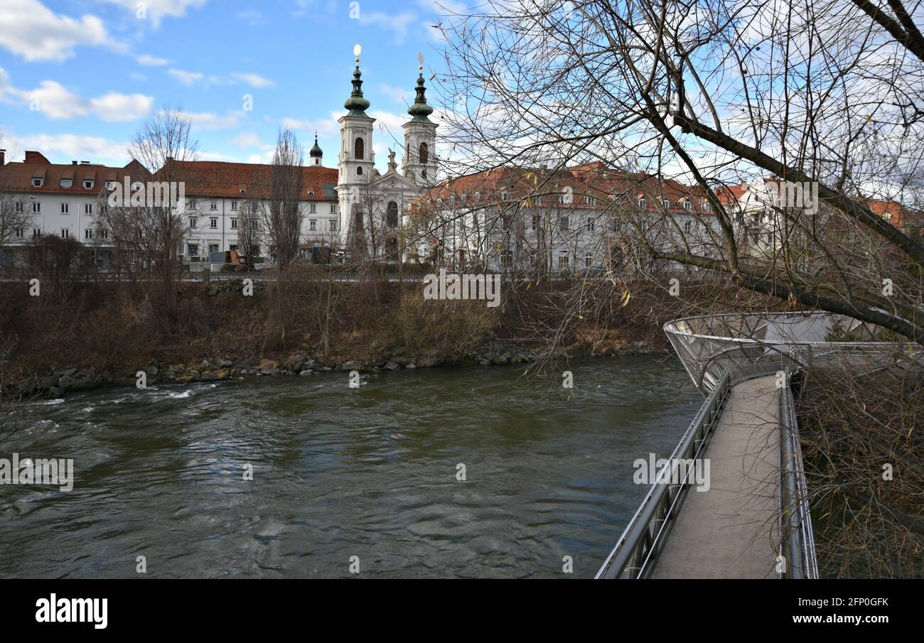 Scenic Mur river landscape with Murinsel, the peculiar seashell-shaped ...