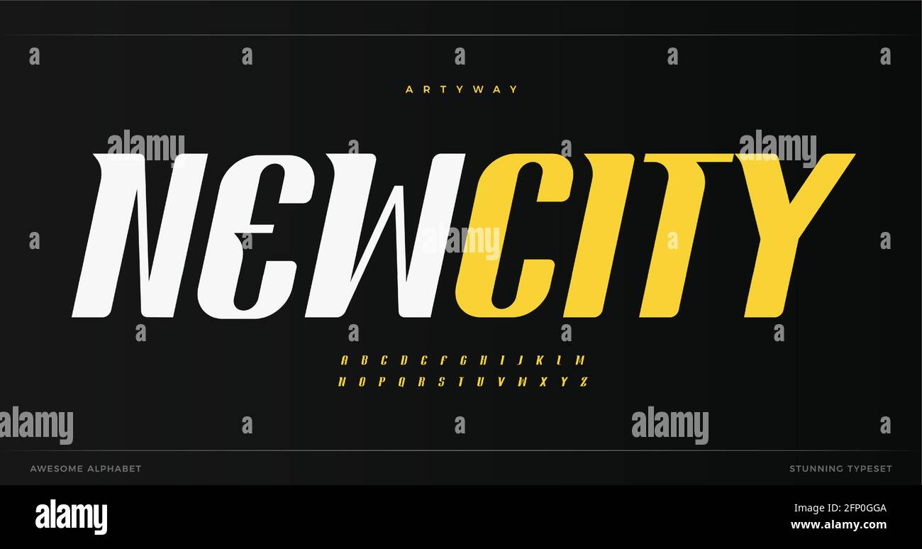 New City modern alphabet. High monumental and slant font, contrasting ...