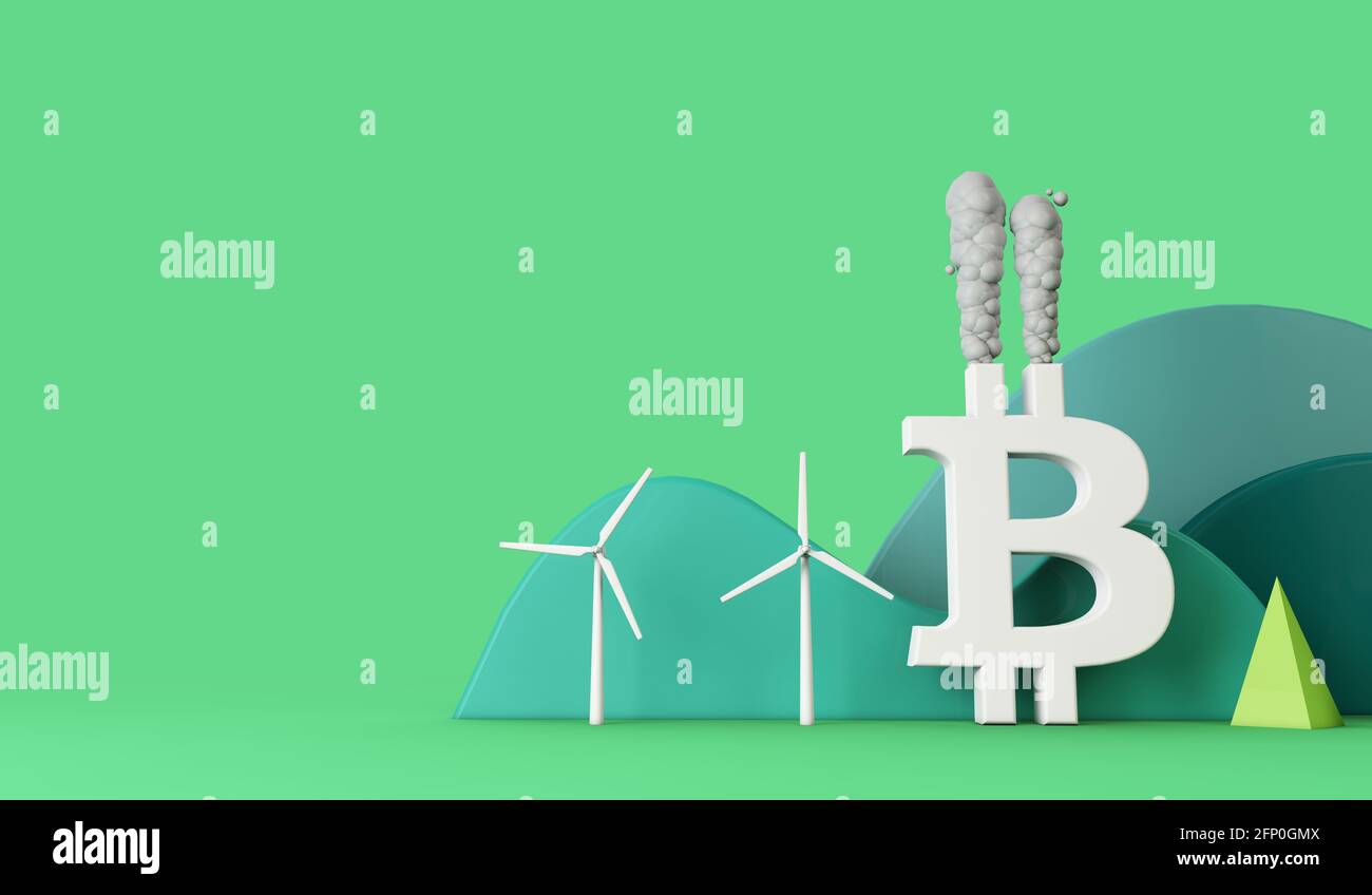 Bitcoin environmental impact. Pollution from a bitcoin logo. 3D ...
