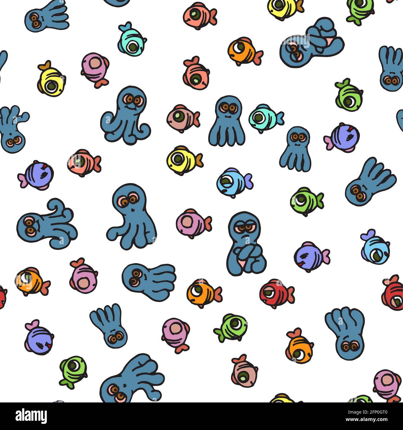 Octopus and fish. Seamless illustration. Cartoon sketch style. Hand ...