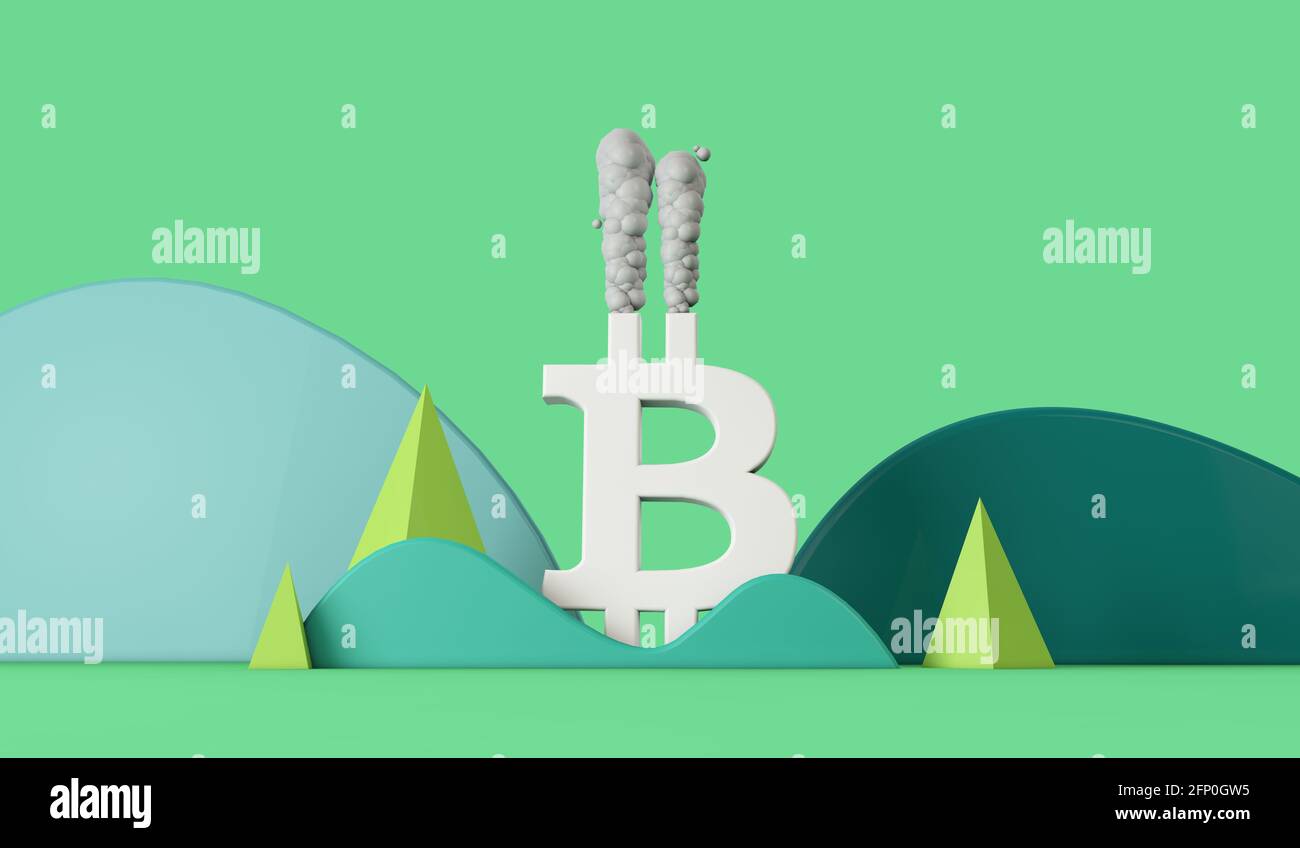 Environmental impact of Bitcoin cryptocurrency on nature. 3D Rendering ...