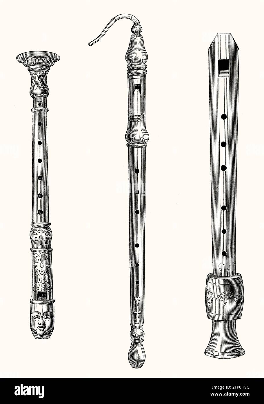 various forms of old woodwind instruments, Ivory flute, beak flute ...