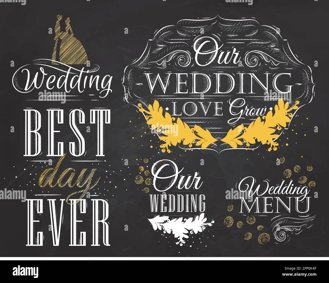 Set Wedding lettering stylized drawing with chalk of gold on the ...