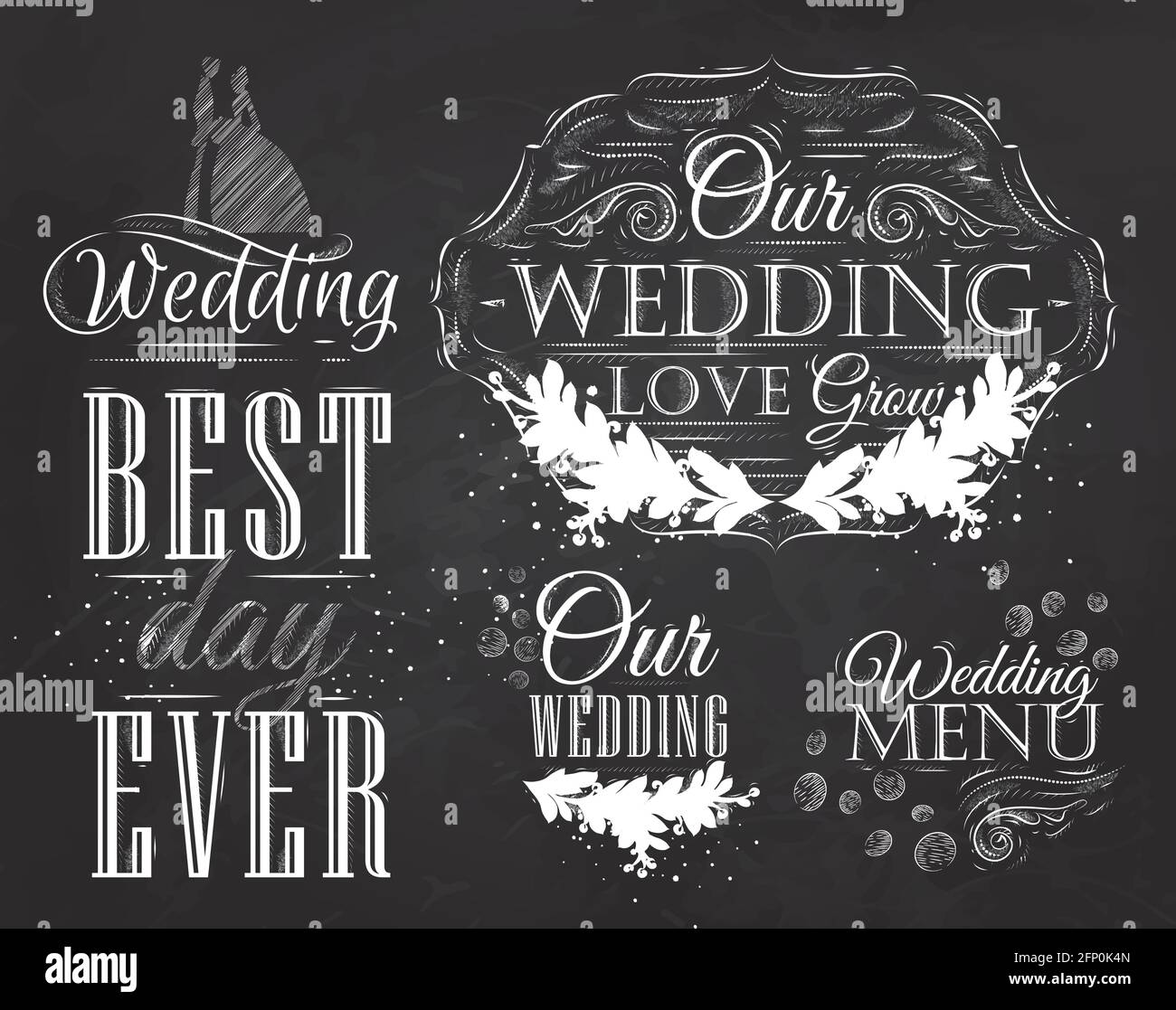 Set Wedding lettering stylized drawing with chalk on the blackboard ...