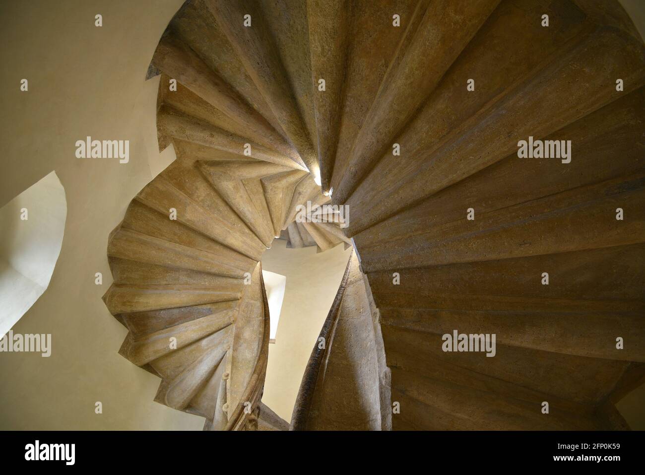 Scenic interior view of the Burg double spiral staircase, a 15th ...