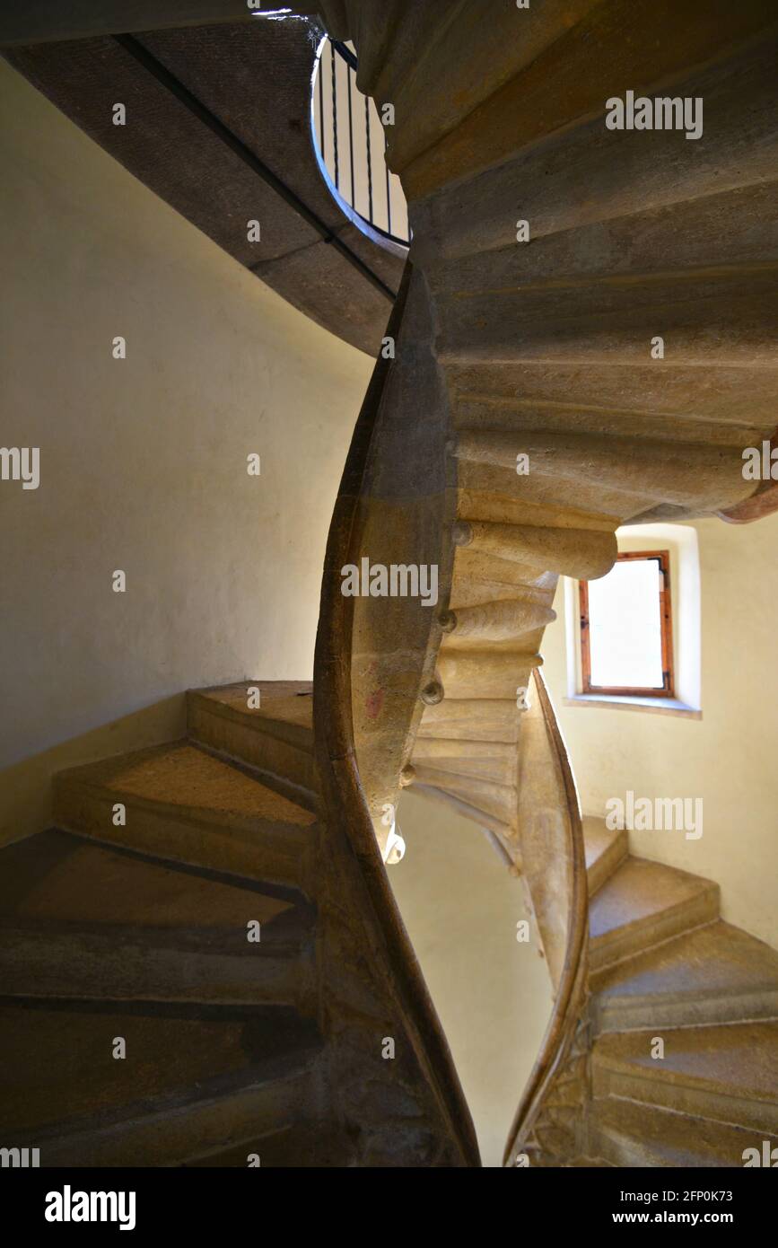 Scenic interior view of the Burg double spiral staircase, a 15th ...