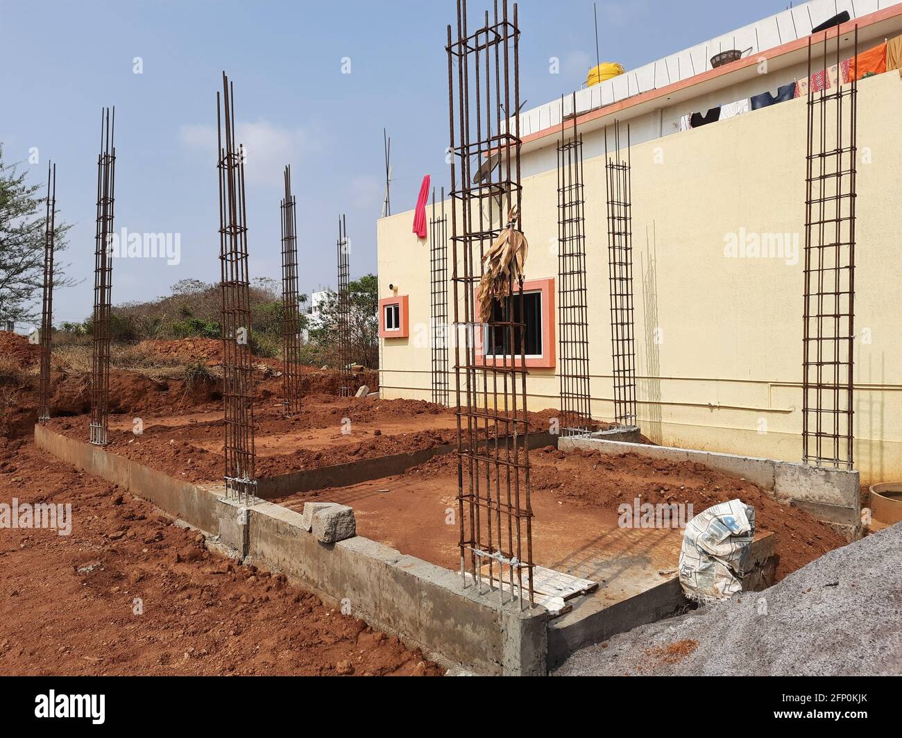 Vertical of the metallic rebars in the concrete in the construction ...