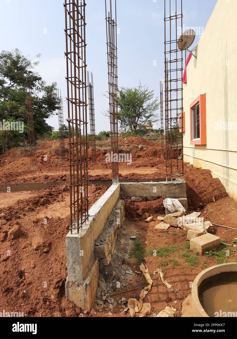 Vertical of the metallic rebars in the concrete in the construction ...