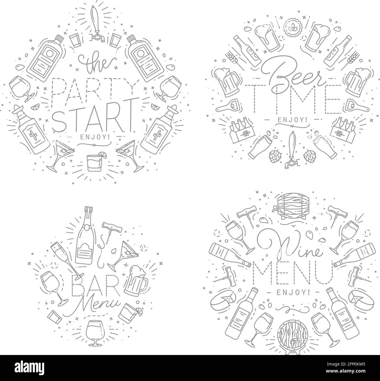 Set of alcohol monograms in flat style drawing with grey lines on white ...