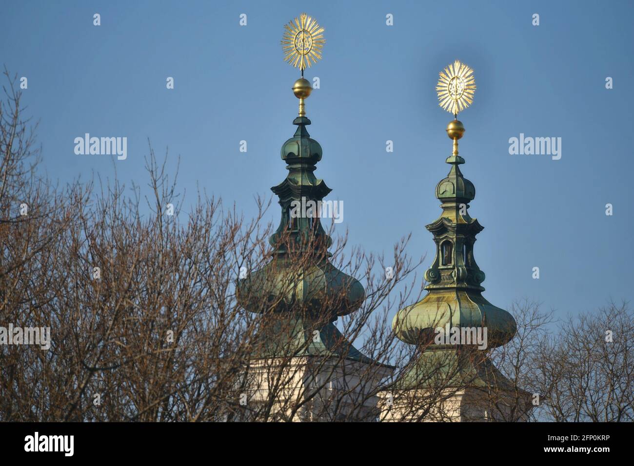 Gothic style bell tower architectural detail of Mariahilferkirche, a ...