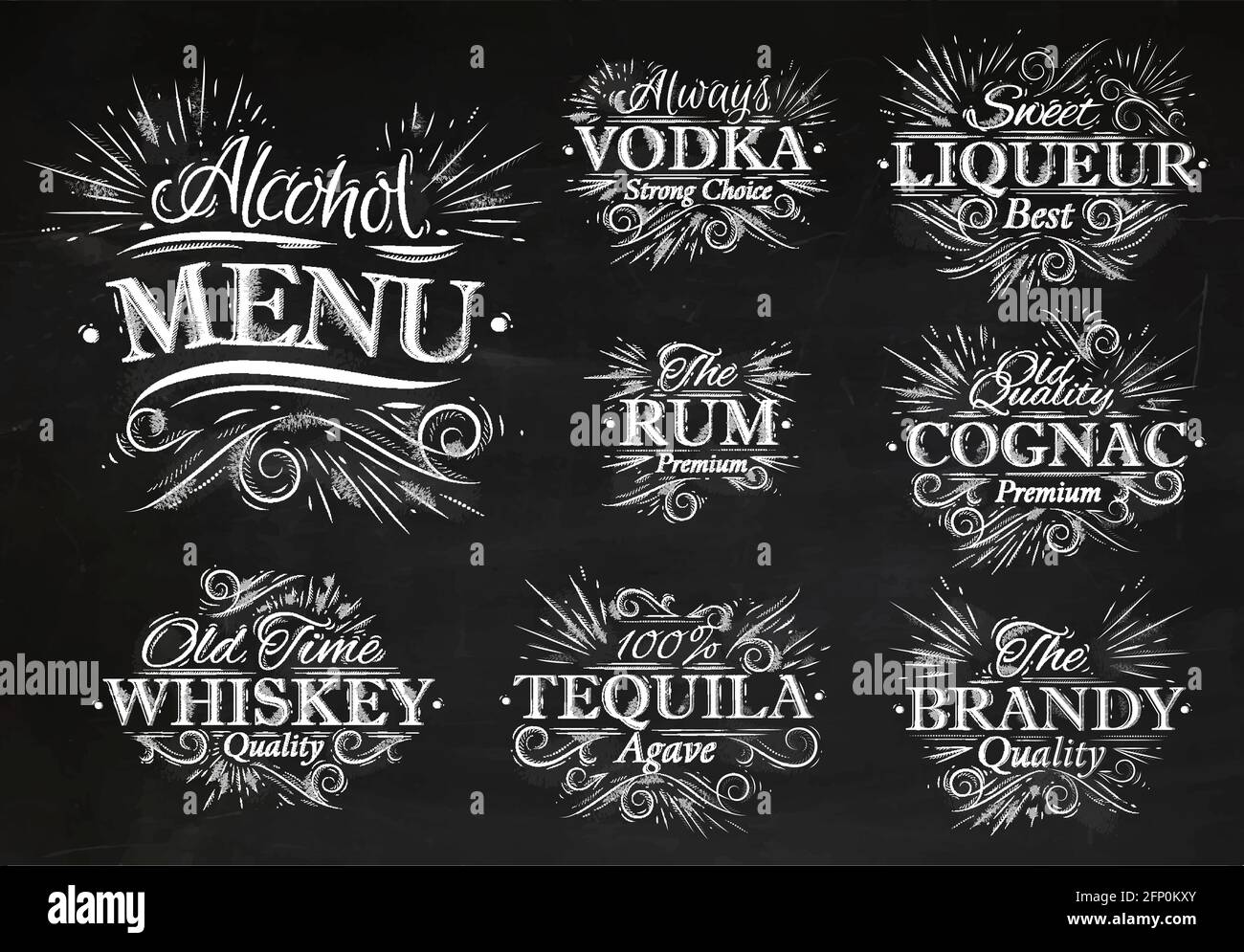 Set alcohol menu beverages lettering names in retro style vodka ...