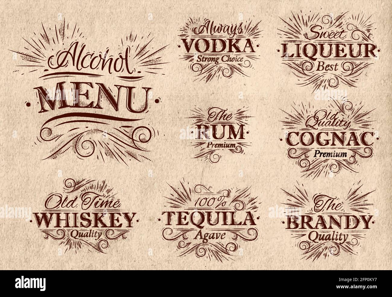 Set alcohol menu beverages lettering names in retro style vodka ...