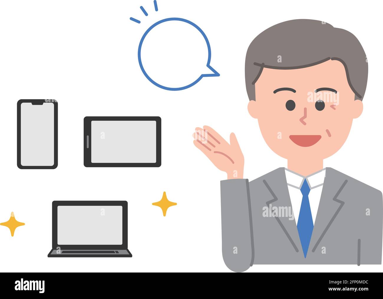 Happy office worker showing handheld devices. Vector illustration ...