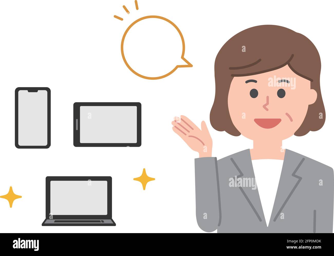 Happy office worker showing handheld devices. Vector illustration ...