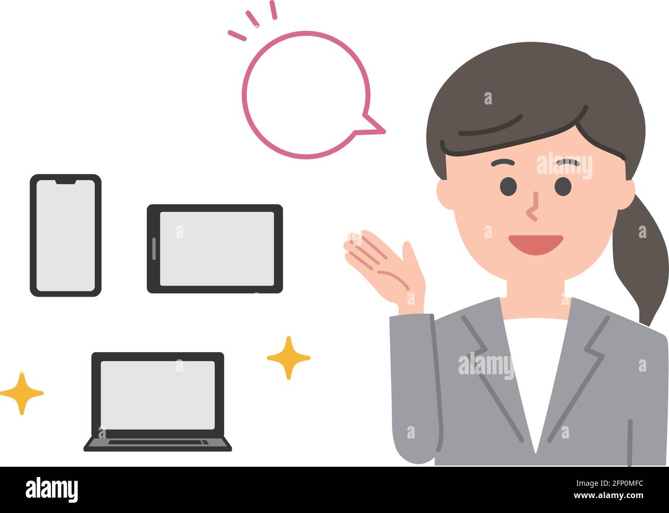 Happy office worker showing handheld devices. Vector illustration ...