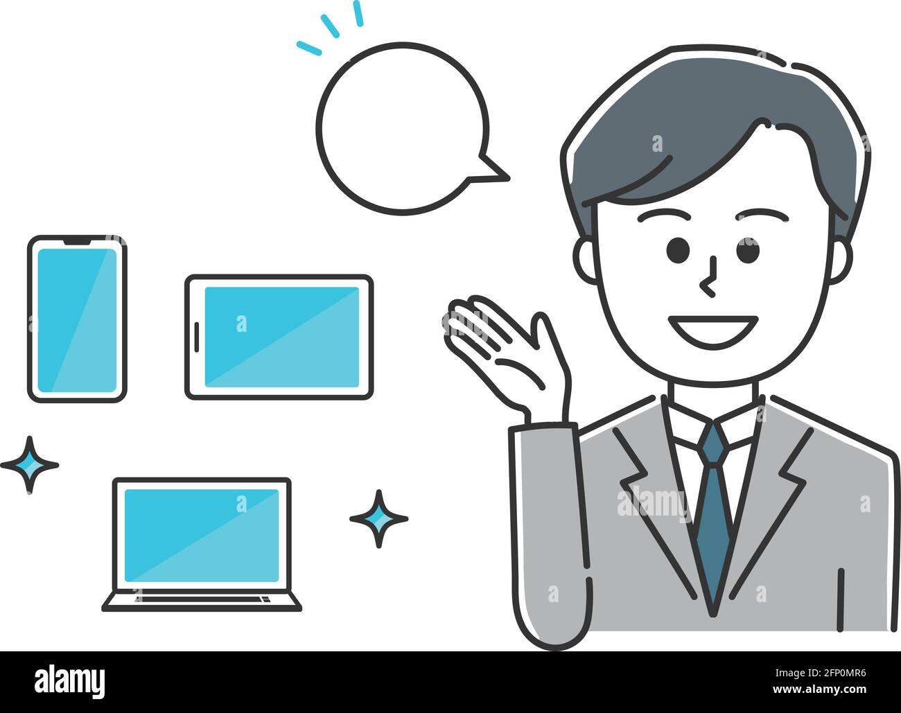 Happy office worker showing handheld devices. Vector illustration ...