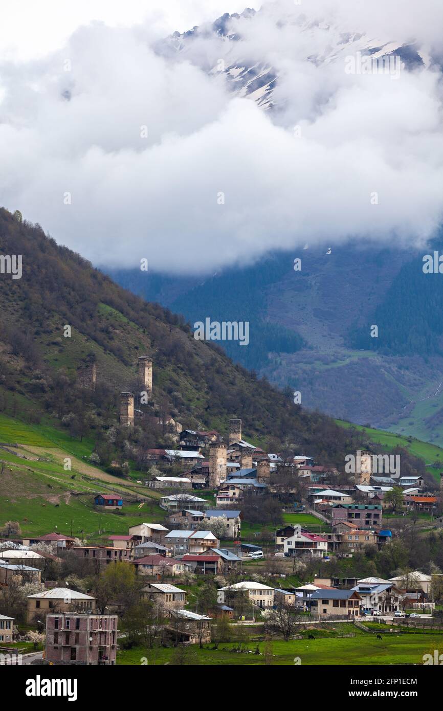 Towers of Mestia village in Svaneti area Caucasus mountains in Georgia ...