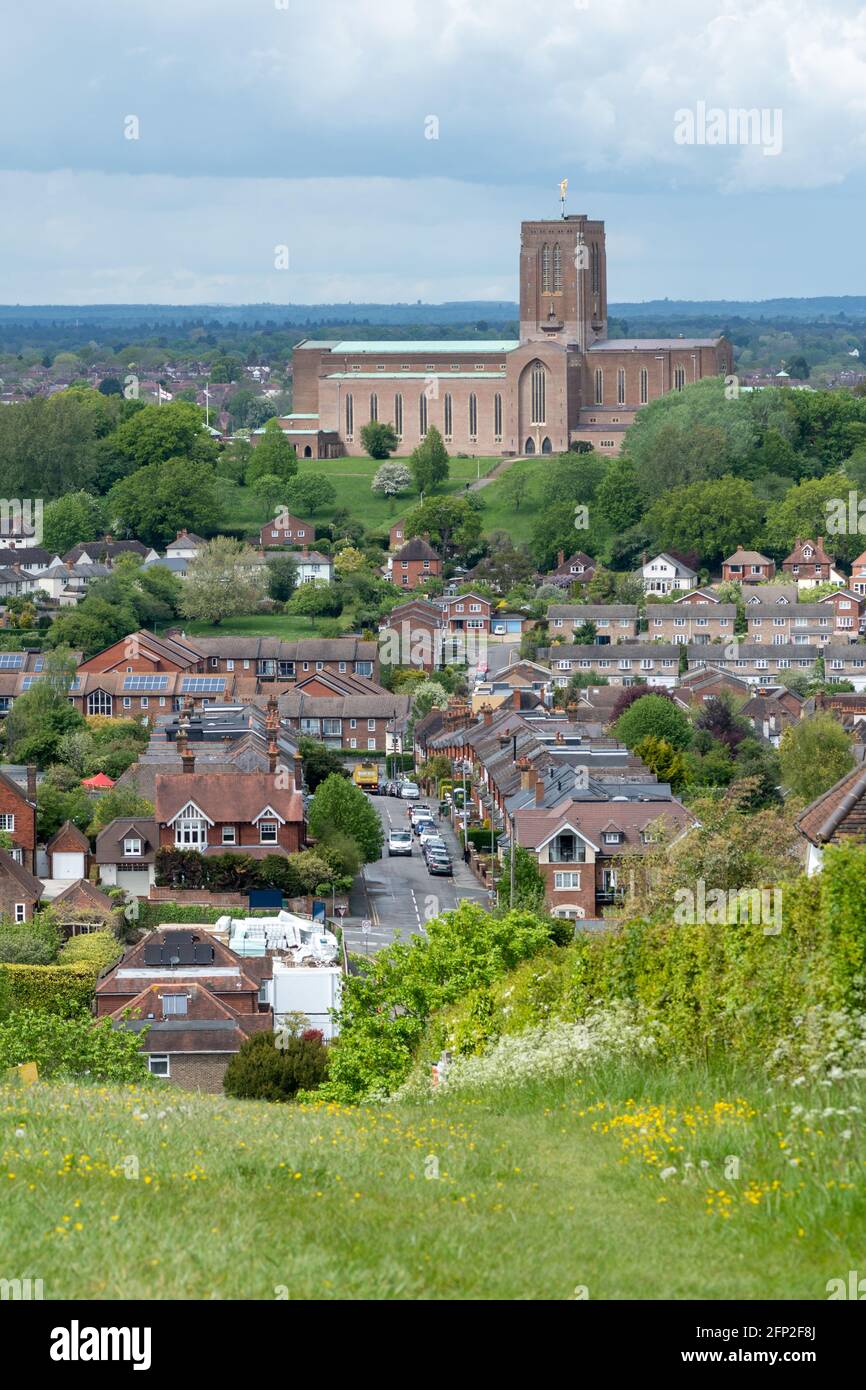 View from The Mount over Guildford town and the Cathedral, Surrey ...