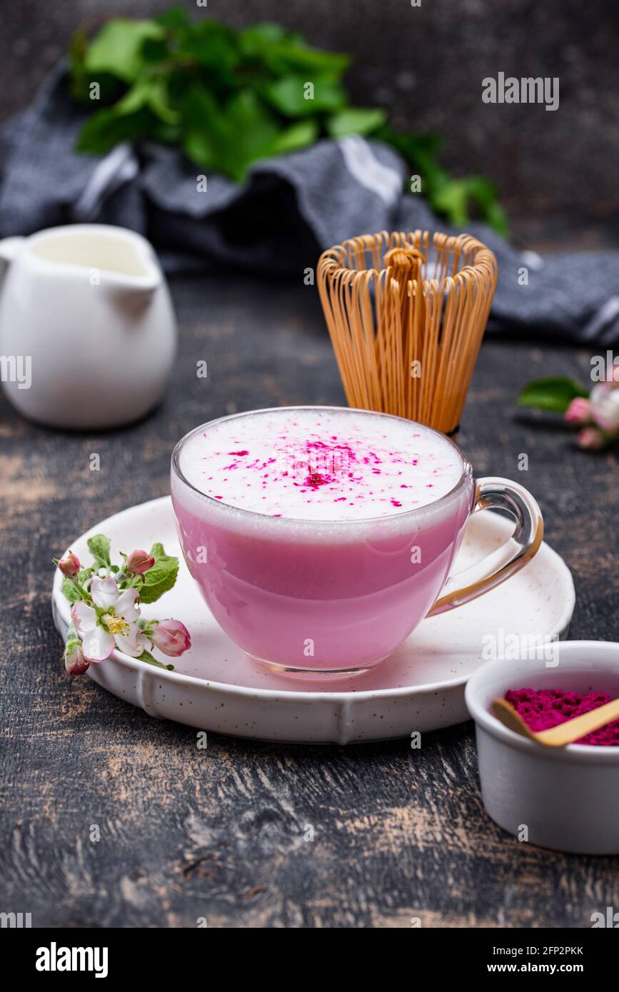 Pink matcha latte with milk Stock Photo - Alamy