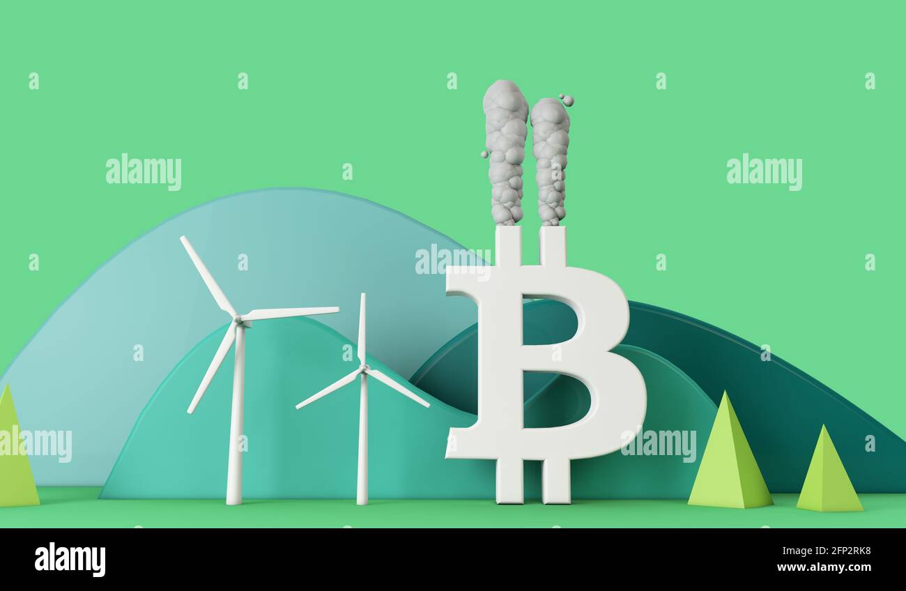 Bitcoin environmental impact. Pollution from a bitcoin logo. 3D ...