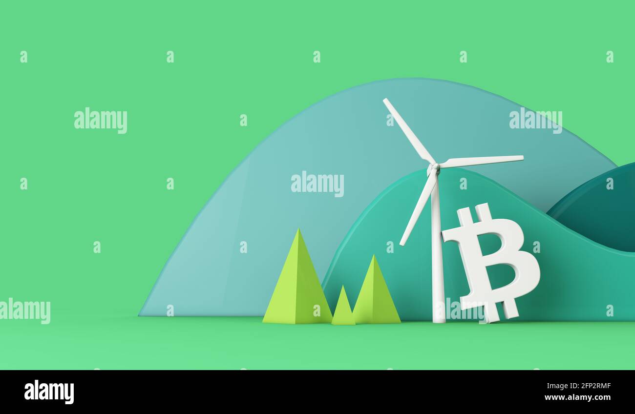 Bitcoin with a wind turbine in a green eco landscape. 3D Rendering ...