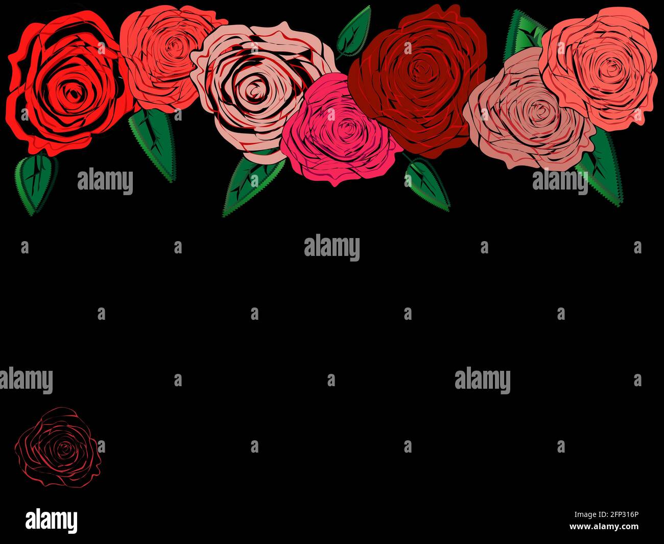 Seven roses grouped horizontally on a black background Stock Vector ...