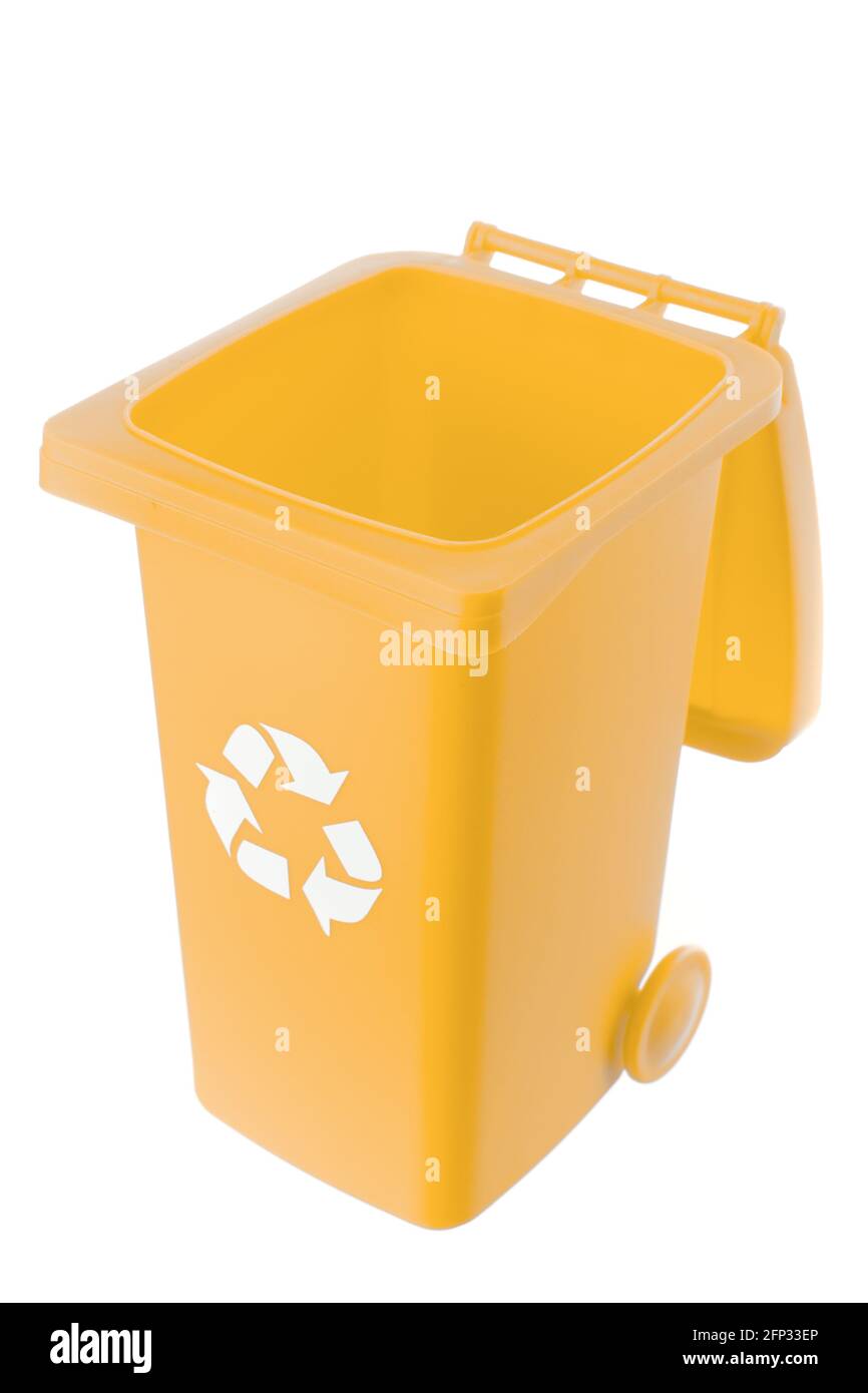 Plastic yellow trash can isolated on white background Stock Photo - Alamy