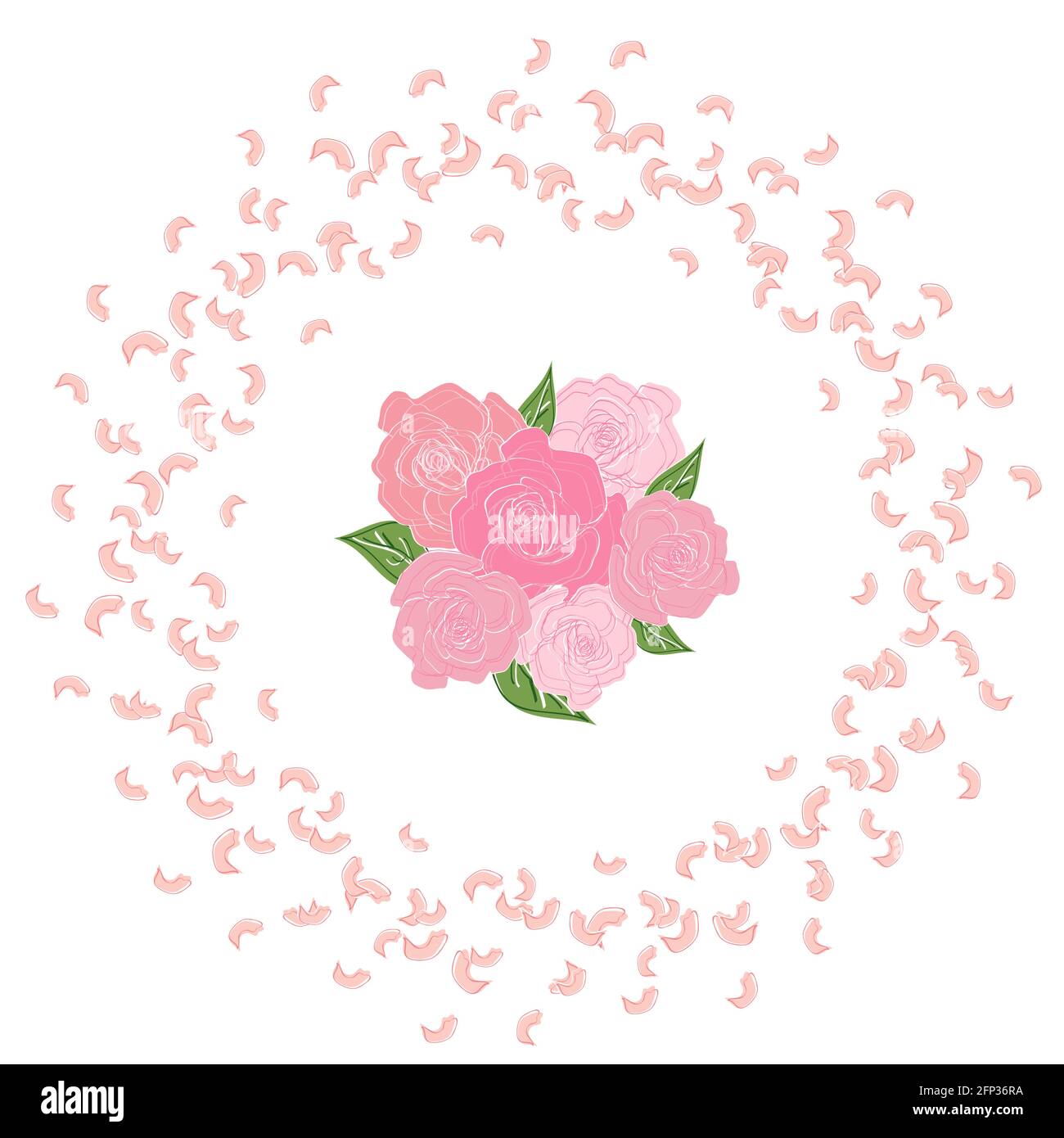 A frame of swirling, flying rose petals with a bouquet of a bride of ...