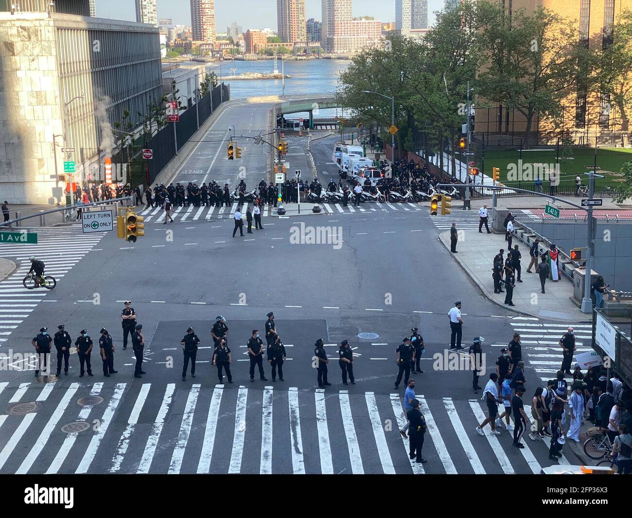 New York, NY, USA - May 20, 2021: Police form human barricade to ...