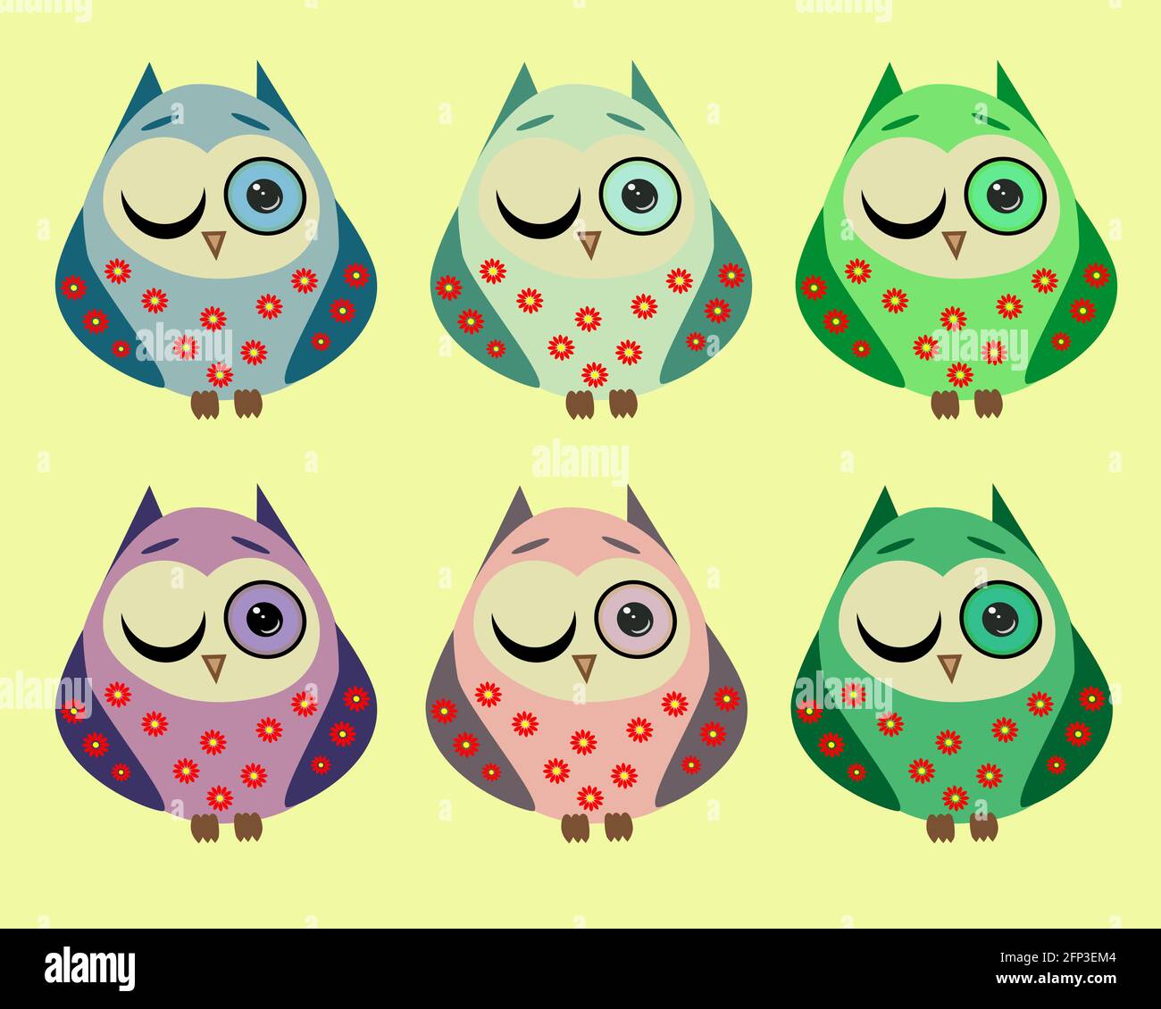 A set of six lovely owls in different color variations in a red flower ...