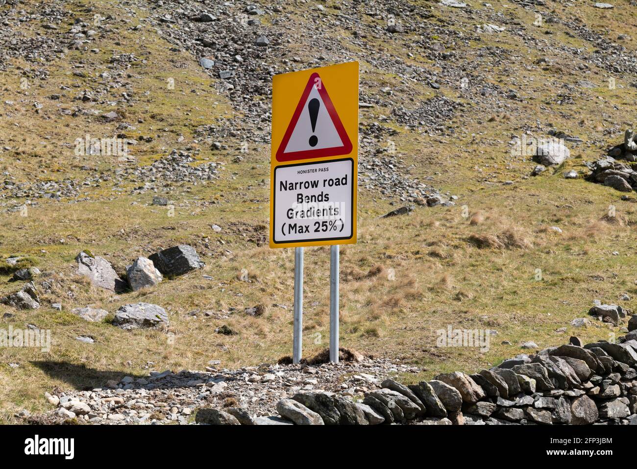 Warning sign of gradient on Honister Pass, Lake District, Cumbria, UK ...