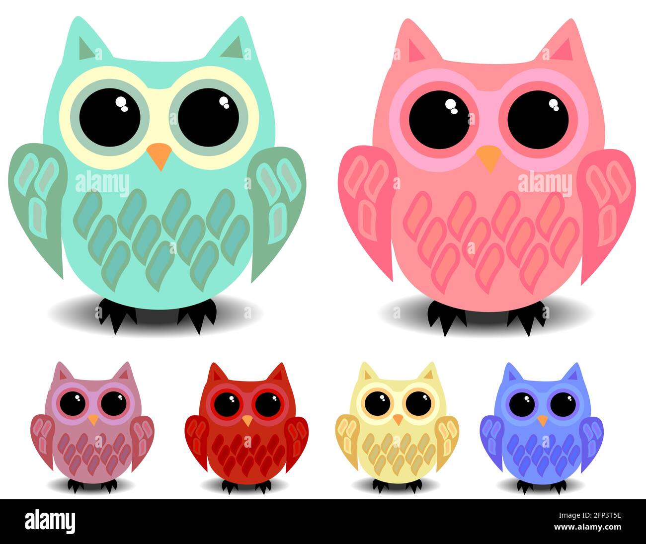 A set of six cute owls with black eyes, cartoon style, different colors ...