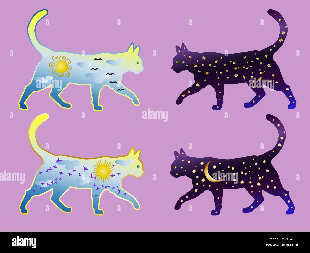 A set of four cats, two cat-day and two cat-night. Cat silhouette ...