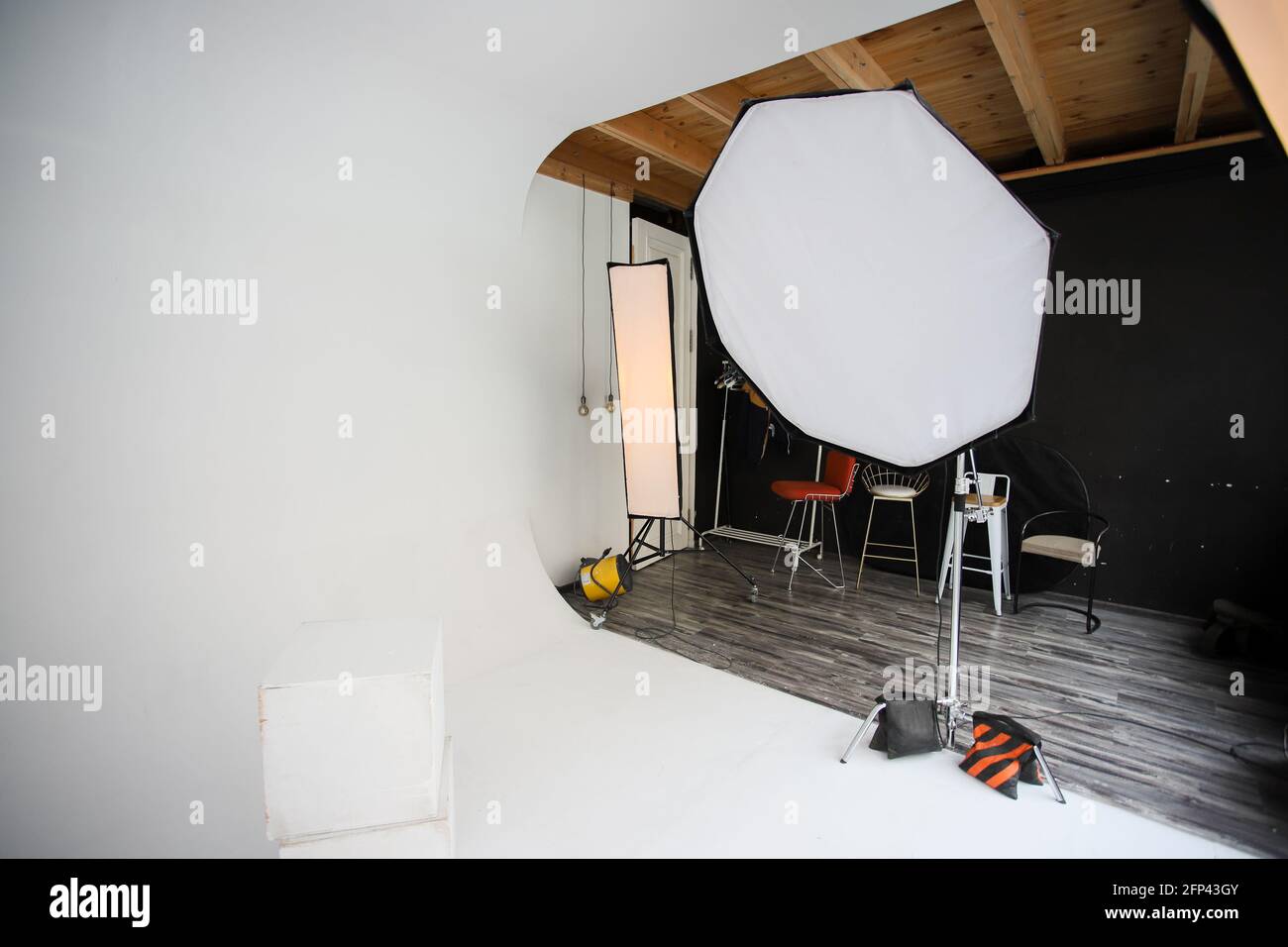 Orthobox and strip lights in a professional photo studio. Photo studio ...