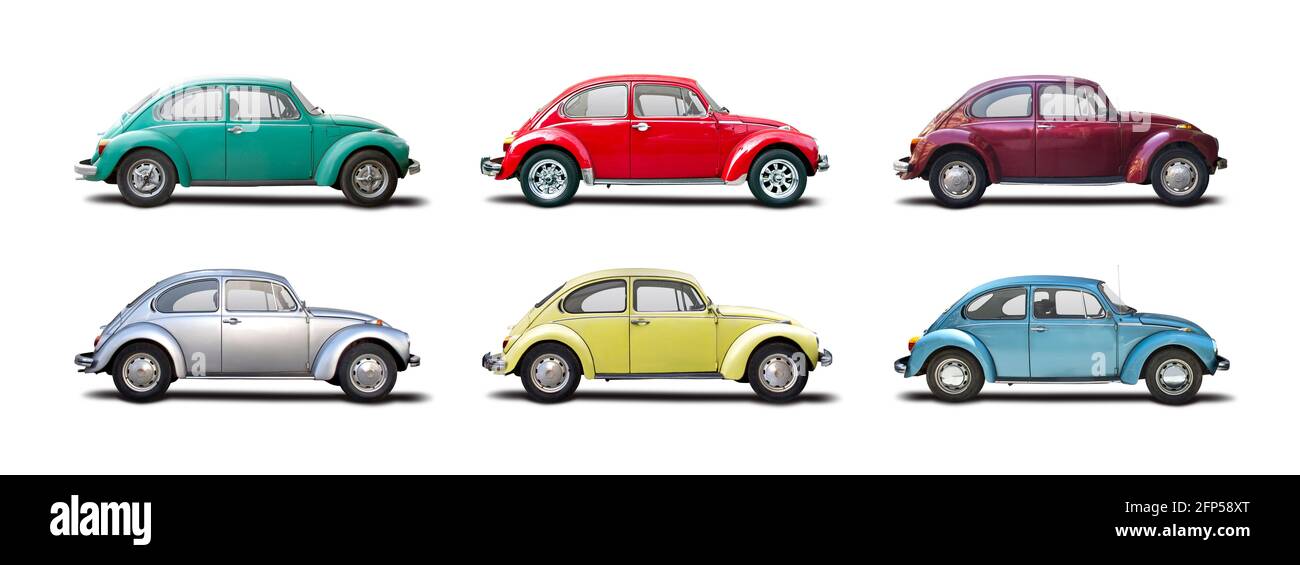Six classic VW Beatle side view isolated on white background Stock ...