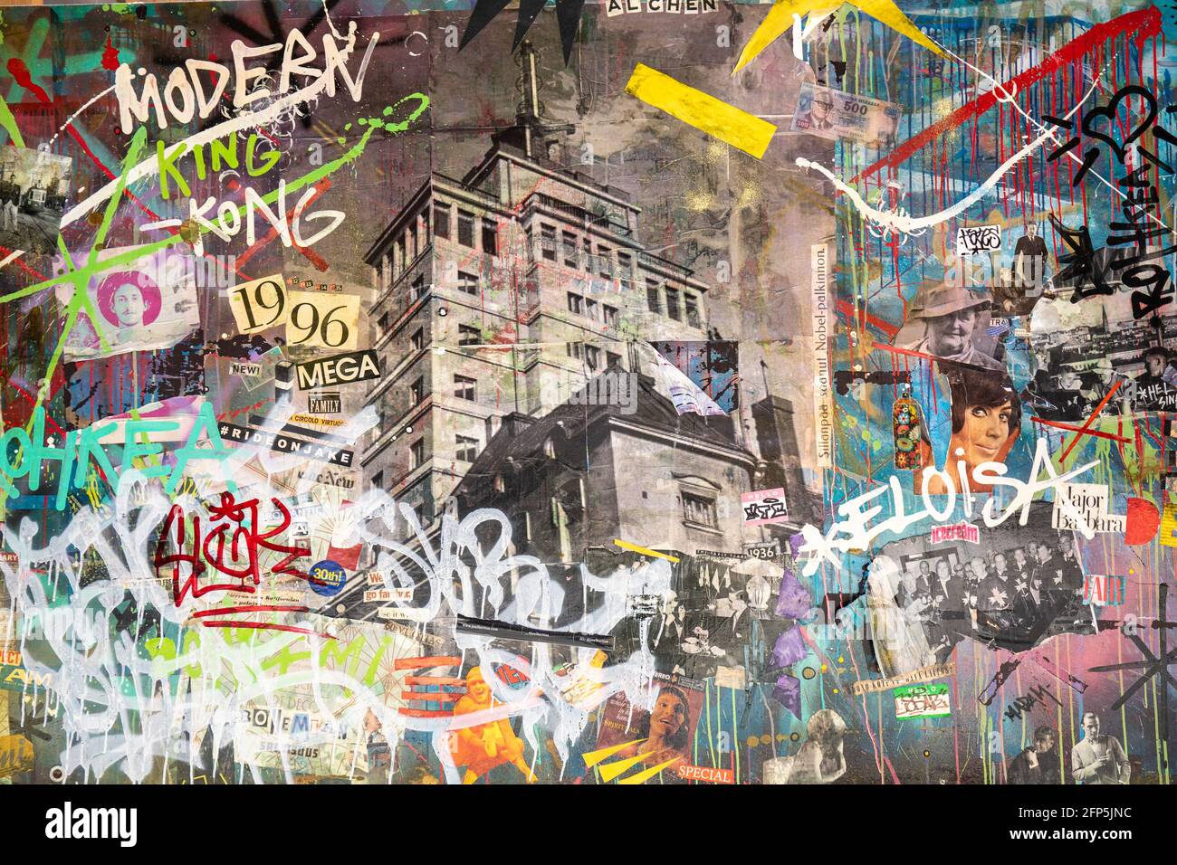 Street art collage by Ale Lauraeus on construction site fence during ...