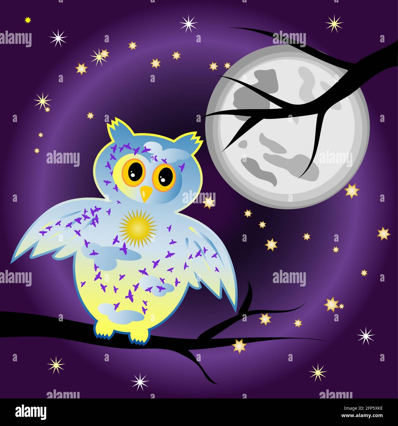 Concept night for an owl is a day. Silhouette of an owl with a bright ...